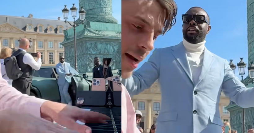 Il joue du piano place Vendôme et boom, Gims sort du Ferrari vert pour ...